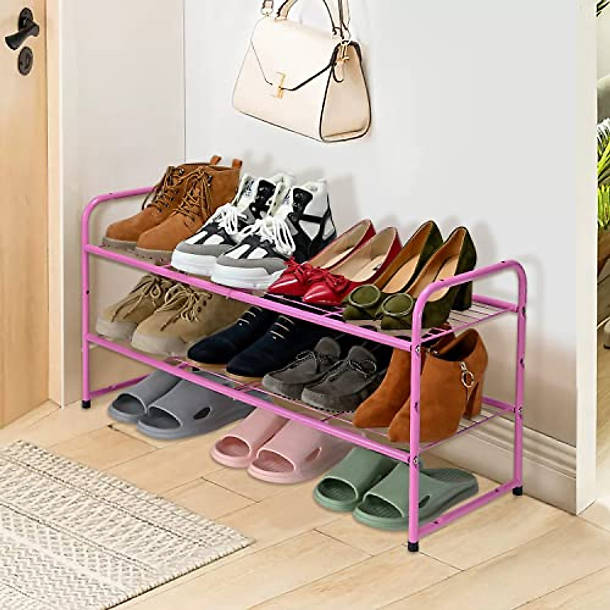 SUFAUY 2-Tier Shoe Rack, Stackable Shoe Shelf Storage Organizer for Entryway Closet, Extra Large Capacity, Wire Grid, Pink