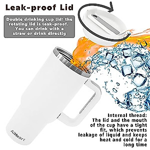 AiHeart 40oz Tumbler with Handle,Spill Proof Lid Straw and Silicone Coaster,Stainless Steel Double Wall Insulated Travel Mug,Reusable Water Bottle,Iced Coffee Mug,For Car Cup Rack(White)