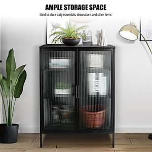 DiMorture 48 Inch-Height Double Glass Door Storage Cabinet, Sideboard Cupboard with Adjustable Shelves, Steel Display Cabinet Credenzas Console Table for Kitchen Entryway, Black