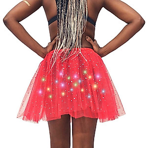 DRESBE Women's LED Skirt Light Up Star Tutus Glow Tulle Dance Skirts Party Rave Festival Christmas Halloween Clothes (Red)