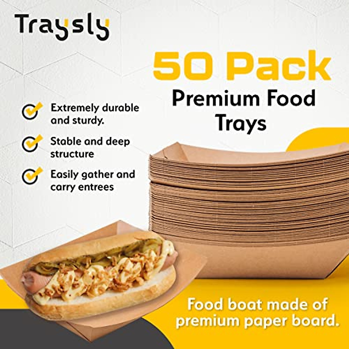 Traysly 50 pack Food Boats Disposable 3lb Eco Friendly Poly Coated Paperboard, Greaseproof Paper Boats for Food Serving, Hot Dog Nacho Trays and Nacho Boats for Concession Stand, Parties