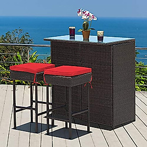 Tangkula Patio Bar Set, 3 Piece Outdoor Rattan Wicker Bar Set with 2 Cushions Stools & Glass Top Table, Outdoor Furniture Set for Patios Backyards Porches Gardens Poolside (Red)