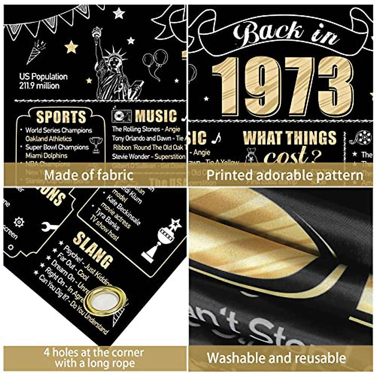 Large 50th Birthday Banner Backdrop Decorations for Men Women, Black Gold Back in 1973 50 Birthday Sign Party Supplies, Happy 50 Year Old Bday Background Decor for Outdoor Indoor