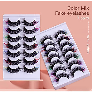 Colored Eyelashes Mink Lashes With Color on End, Fluffy Colorful Lash Clusters, Dramatic Long Thick Cat Fox Eye Lashes Full Curly False Eyelash, 3d D Curl Salon Extensions Strip Pack 7 Pairs