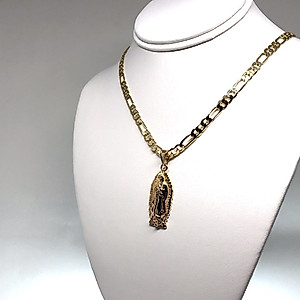 Gold Plated Virgin Mary Pendant Necklace Figaro 26" Virgen de Guadalupe Medalla Oro Laminado