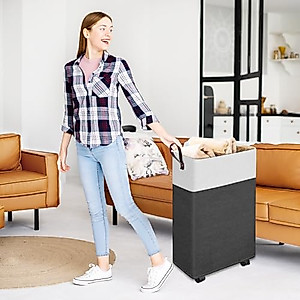 EpicTotes 24.4-Inches Rolling Slim Laundry Basket on Wheels, Collapsible & Waterproof Laundry Hamper, Freestanding Narrow Corner Clothes Bins with Easy Carry Handles for Clothes at Home, Grey