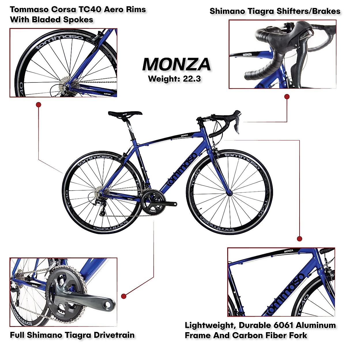 Tommaso Monza Sport Bike Performance Aluminum Road Bike Carbon Shimano Tiagra 24 Speeds Road Bicycle Men Road Bikes for Men Bike Men Women Speed Bike Racing Bike Adult Bike City Bike Blue XL 60cm