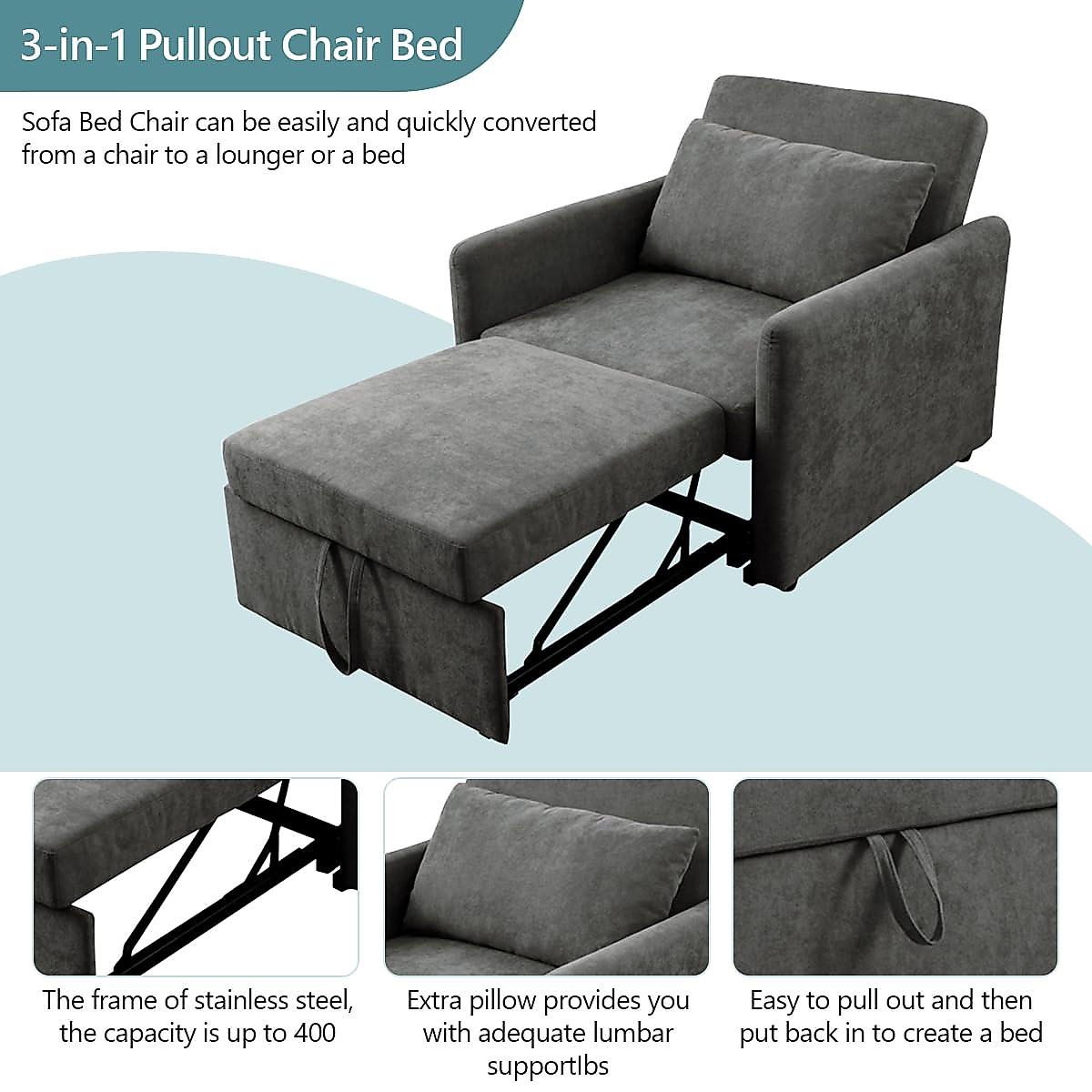 Mlxgoie Convertible Sofa Bed Chair, 3-in-1 Multi-Functional Sleeper Single Futon Chair Bed with Modern Linen Fabric & Tufted Pillow for Compact Living Room, Apartment, Dorm - Grey