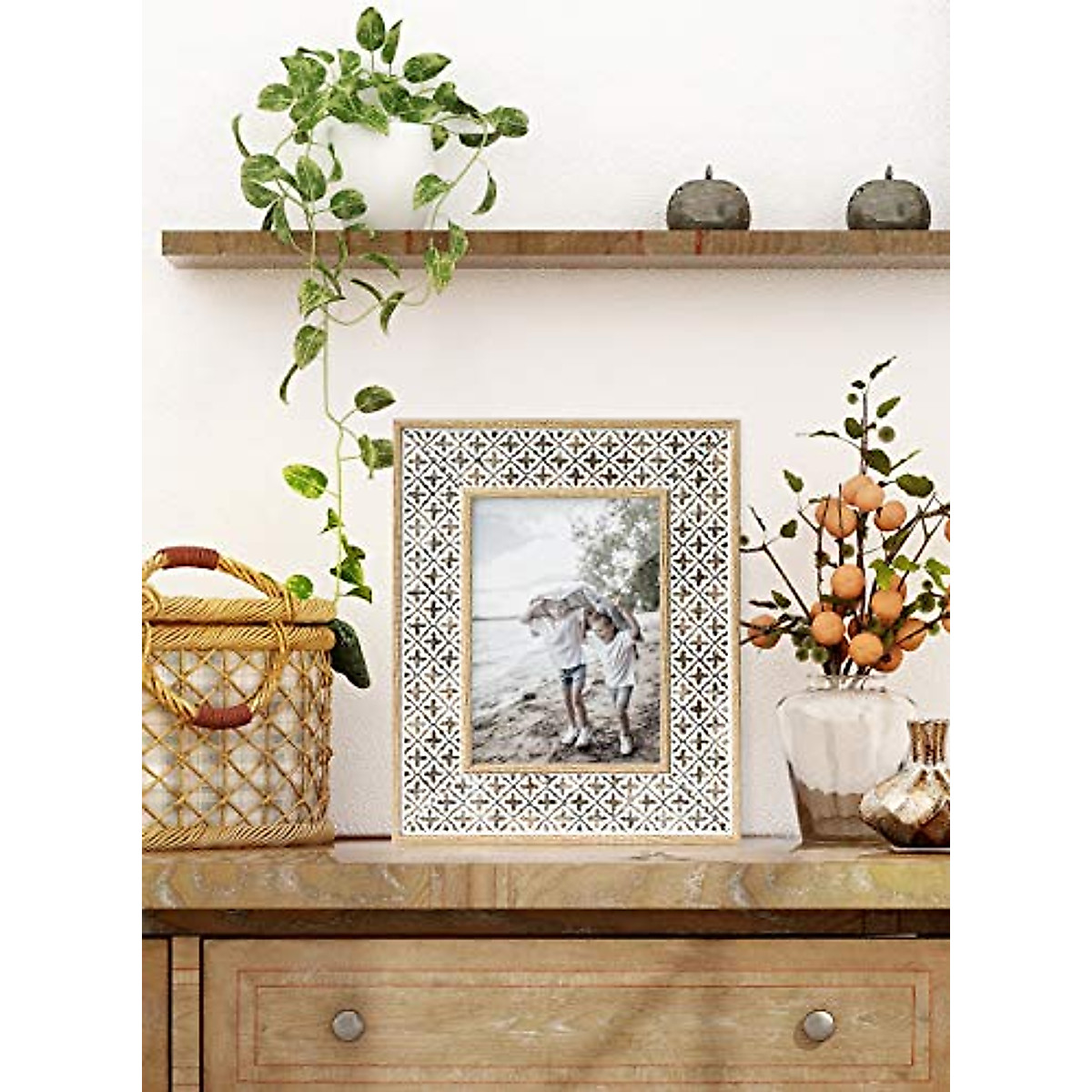 Afuly 5x7 Picture Frame Distressed Moroccan Relief Boho Picture Frames Shabby Chic Oak 3D Cross Pattern, Wood Photo Frames for Wall and Tabletop, Wedding Birthday Gifts for Mom Family Friends