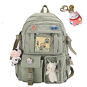 vfdgsaz Kawaii Backpack with Pin and Pendant，Cute Aesthetic Backpack ，Outdoor Sports Leisure Bag for Girls and Boys (green,one size)