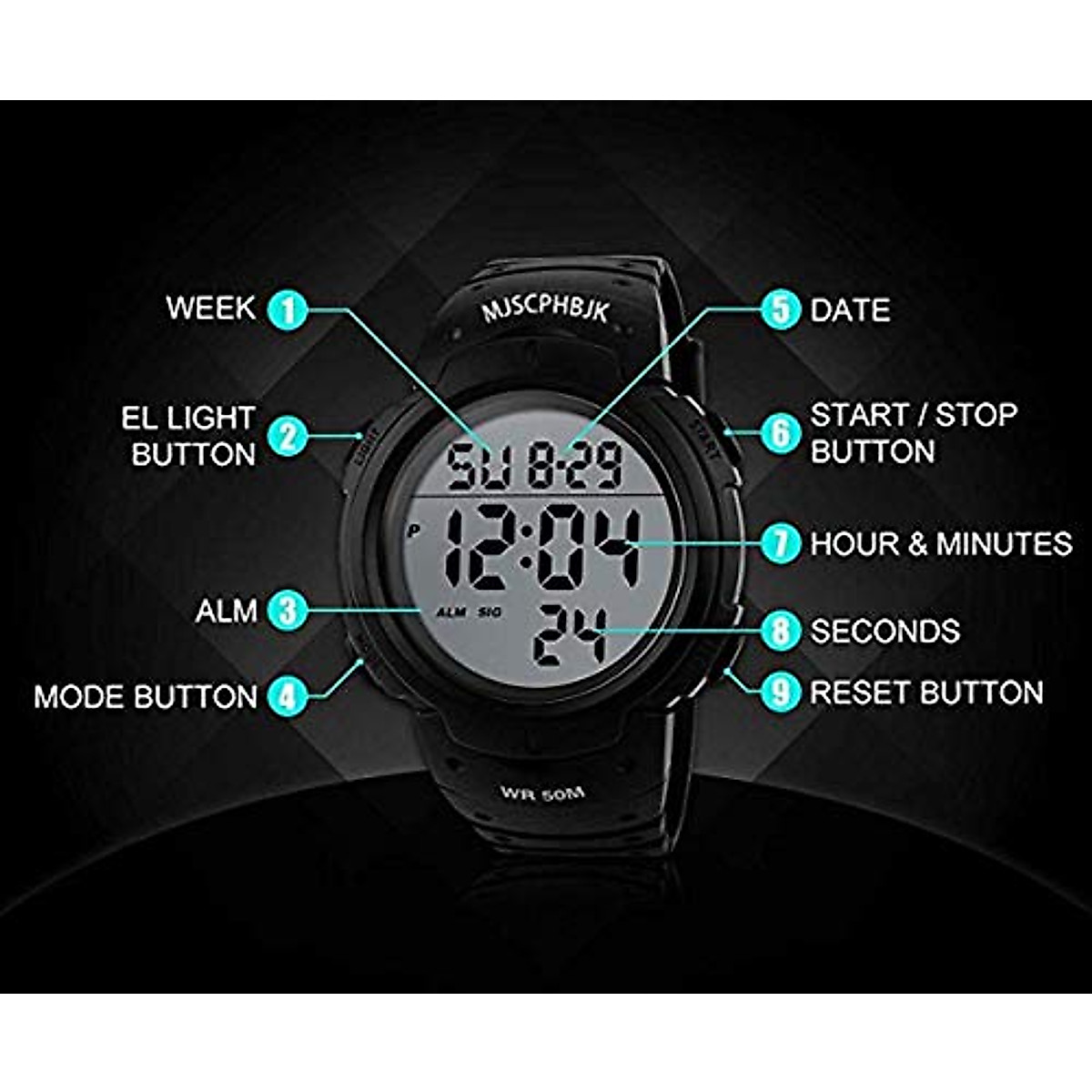 SKMEI MJSCPHBJK Mens Digital Sports Watch, Waterproof LED Screen Large Face Military Watches and Heavy Duty Electronic Simple Army Watch with Alarm, Stopwatch, Luminous Night Light - Black
