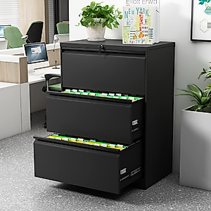 Aobabo 3 Drawer Lateral Steel File Organizing Cabinet with Locking System and Adjustbale Hanging Bars for Letter/Legal Size Paper, Black