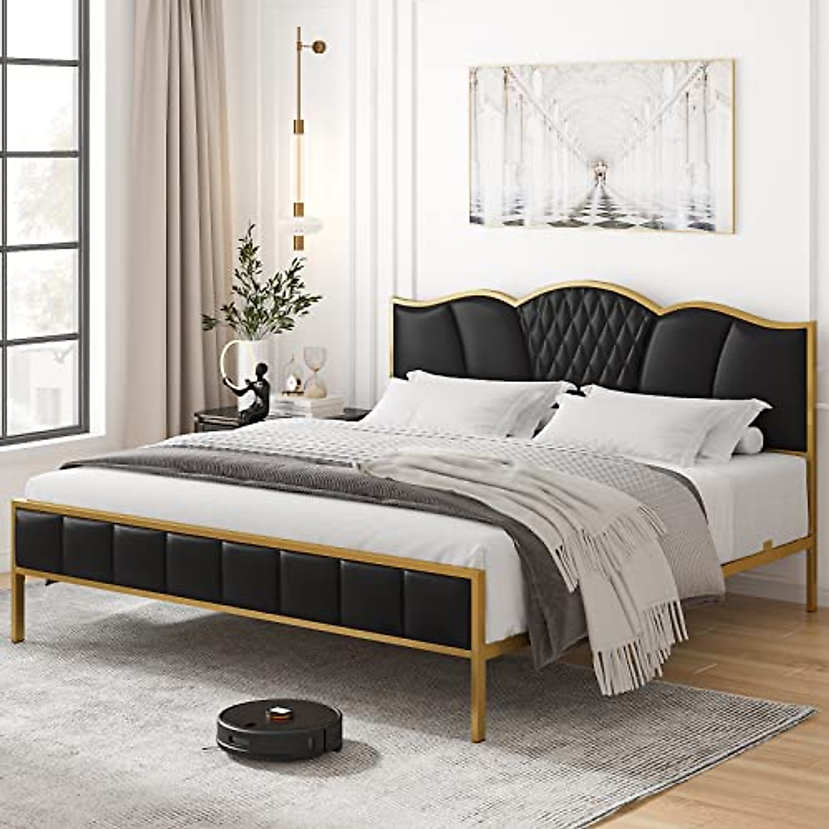 HITHOS King Size Bed Frame, Modern Upholstered PU Bed Frame with Tufted Headboard, Heavy Duty Platform Bed with Wood Slat Support, Noise Free, No Box Spring Needed (Black, King)