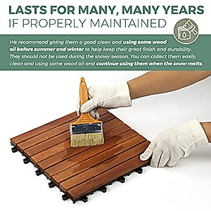 Wood Interlocking Flooring Tiles (Pack of 10, 12" x 12"), Solid Wood Acacia Deck Tiles Interlocking, Patio Tiles Outdoor Interlocking Waterproof All Weather (9 Slat, Dark Brown Color)