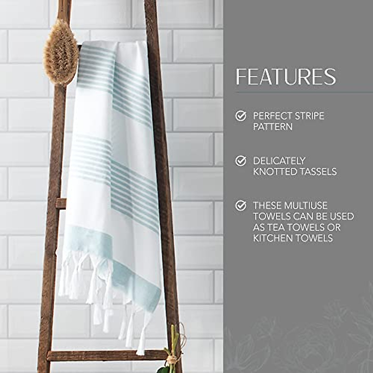 Elrene Home Fashions Boho Harper Stripe Knotted-Tassel Hand Towels, 16 Inches by 30 Inches, Set of 2, Cotton, Spa Blue