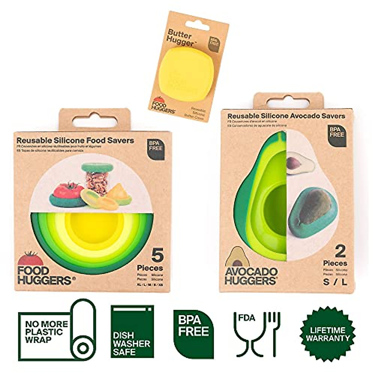 Food Huggers Kitchen Must-haves (8 Pieces)- Butter Hugger Keeps Butter Sealed and Fresh + Avocado Hugger (Set of 2) + Food Huggers Fresh Greens (Set of 5), Dishwasher Safe Silicone/ 100% BPA Free
