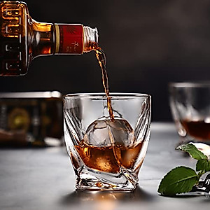 Old Fashioned Whiskey Glasses,Set of 6 (2 Crystal Bourbon Glasses,2 Stainless Steel Ice Balls,2 Round Big Ice Molds )-9 Oz Whiskey Rocks Glass for Scotch Cocktail Rum Cognac Vodka Liquor,Gift for Men