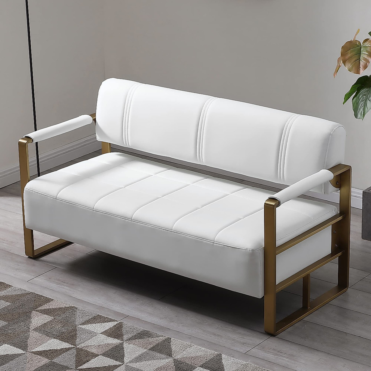 57.9" Modern Faux Leather Loveseat Sofa, Accent 2 Seater Couch with Golden Metal Arms, for Living Room Office Small Spaces Apartment Studio, White