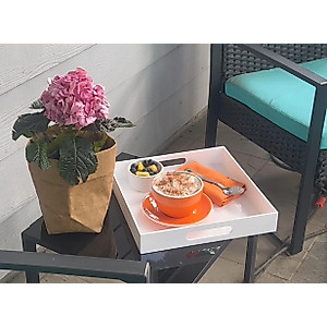 KEVJES Glossy White Acrylic Serving Tray with Handles-Acrylic Tray for Ottoman,Coffee Table, Breakfast, Tea, Food, Butler - Decorative Tray (12x12x2H Inch with, White)