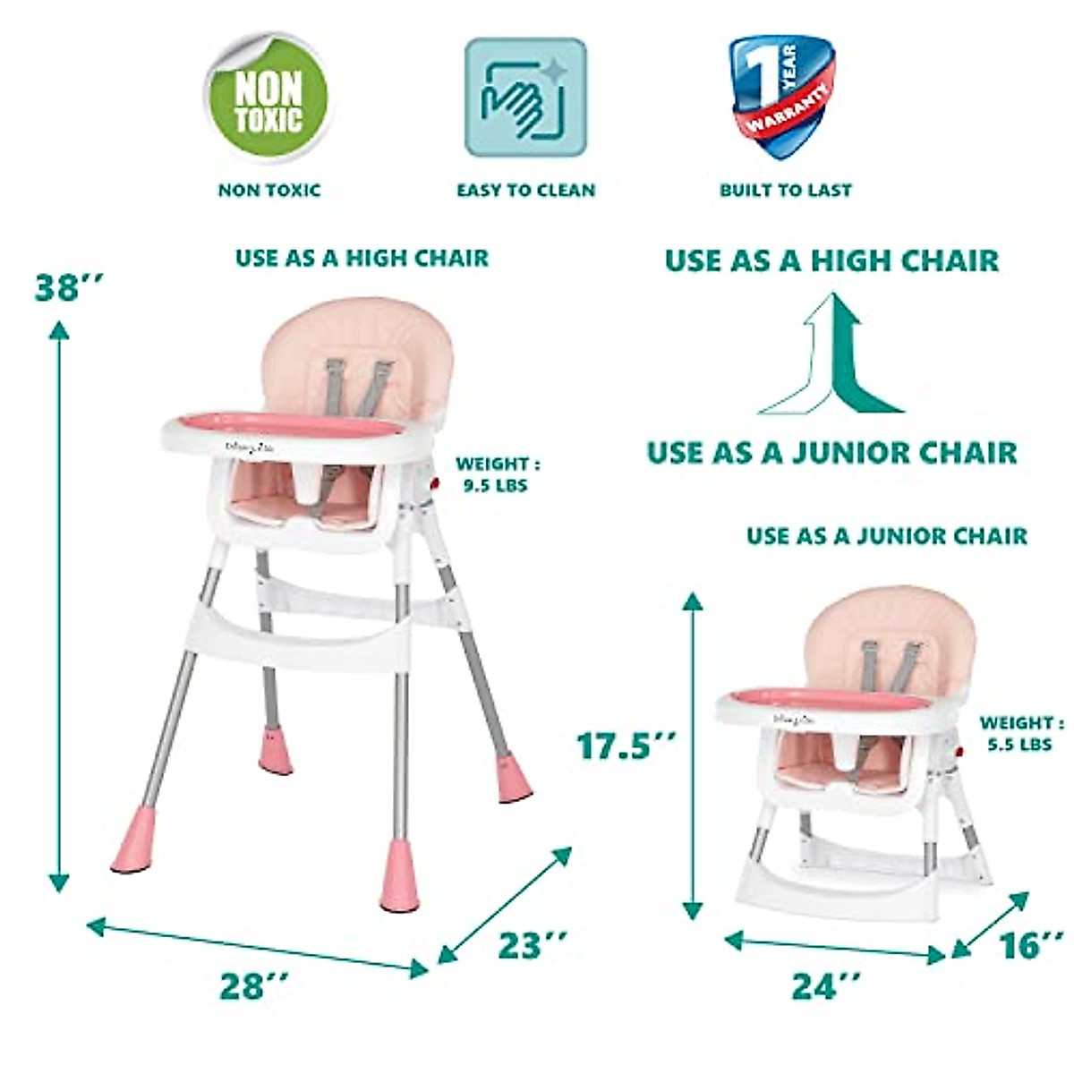 Dream On Me Portable 2-in-1 Tabletalk High Chair, Convertible Compact Light Weight Highchair, Pink