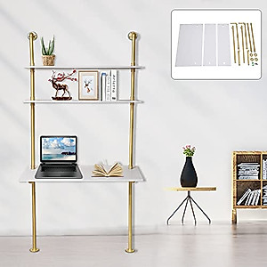 LOYALHEARTDY Wall Mount Ladder Desk Industrial Computer Desk with Shelves White and Gold Desk Writing Study Table Home Office Computer Table 3-Tier Wall Ladder Desk