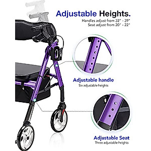 Quicwell Heavy Duty Rollator Walker with Large Paded Seat, Bariatric Rolling Walker with Wide Comfort Backrest for Seniors and Adults, Adjustable Seat, Large 8" Wheels, Support Up 450 lbs, Purple