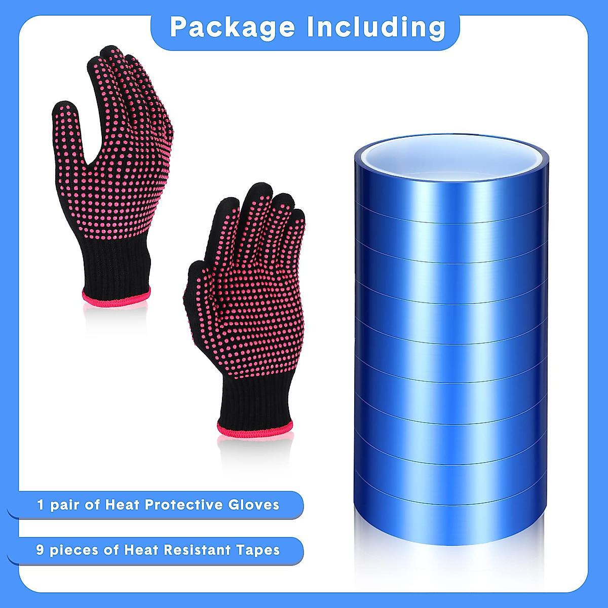 Jeyiour Heat Resistant Gloves and Sublimation Heat Tape, 9 Rolls High Temperature Tape with 1 Pair Gloves for Sublimation Silicone Bump, 10 Piece Set