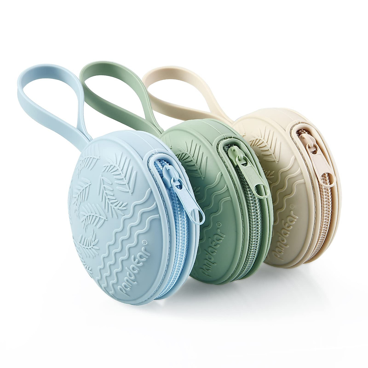 PandaEar 3 Pack Silicone Pacifier Holder Case, Portable Travel Pacifier Pouch for Newborns, BPA-Free Silicone Pacifier Storage Container for Boys & Girls (Green, Blue, Cream)