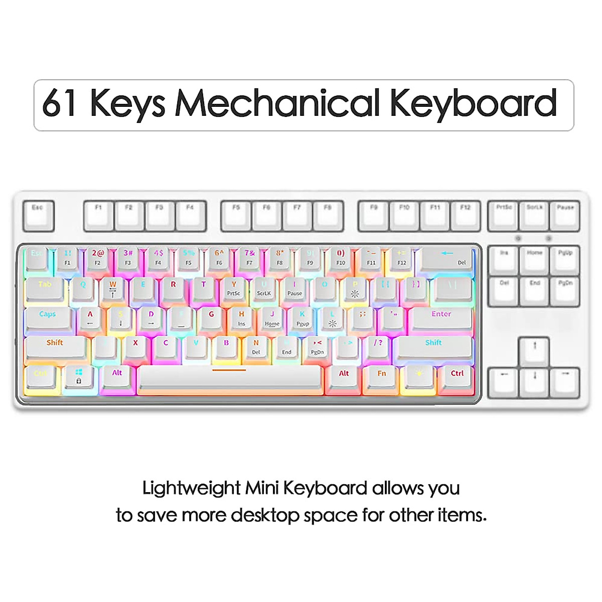 abucow Mechanical Keyboard Wired 60% Gaming Keyboard with 18 Style Colorful RGB Backlit Custom 63 Swappable keycaps (White&RGB)