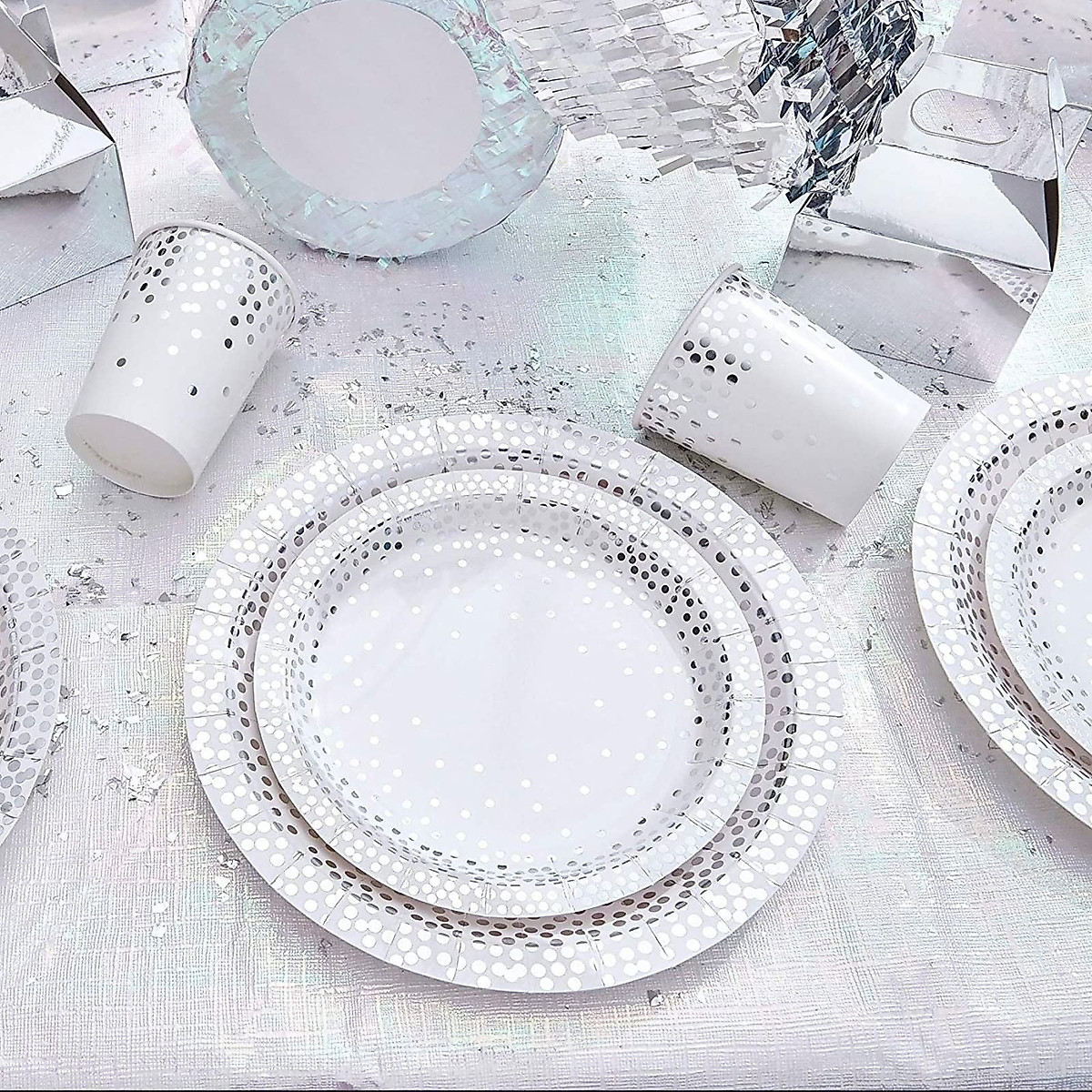 Juvale Serves 50 Silver Party Supplies - 150 Piece Disposable Paper Dinner Plates, Dessert Plates and Cups for Wedding, Birthday Party Table Decorations