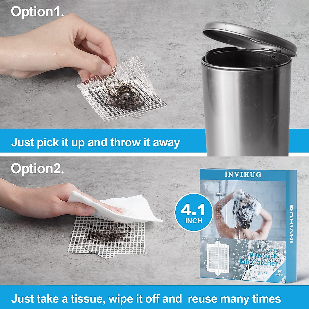 INVIHUG 25 Pack, Disposable Shower Drain Hair Catcher Mesh Stickers, 4.1 inch Hair Catchers for Shower