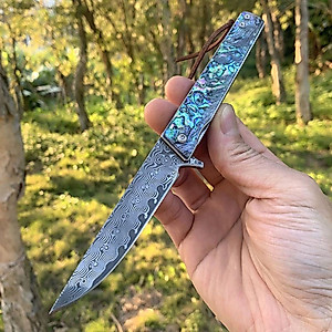 AUGENWEIDE Damascus Steel Pocket Knife, Abalone Handle, Damascus Knife with for Men, Great As Father's Valentine's Day Christmas Day Gift (C-ONLY A KNIFE)