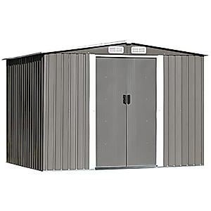 8 x 6 FT Outside Storage Shed, Metal Outdoor Storage Sheds with Sliding Doors, Large Garden Shed Outdoor Utility Tool Shed with Pent Roof for Backyard Patio Lawn, Gray
