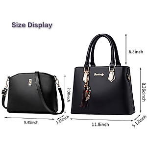 Chikencall Women Top-Handle Purses Leather 2pcs Set Totes Handbag Satchel Shoulder Bag for Ladies with tassel and cat pendant
