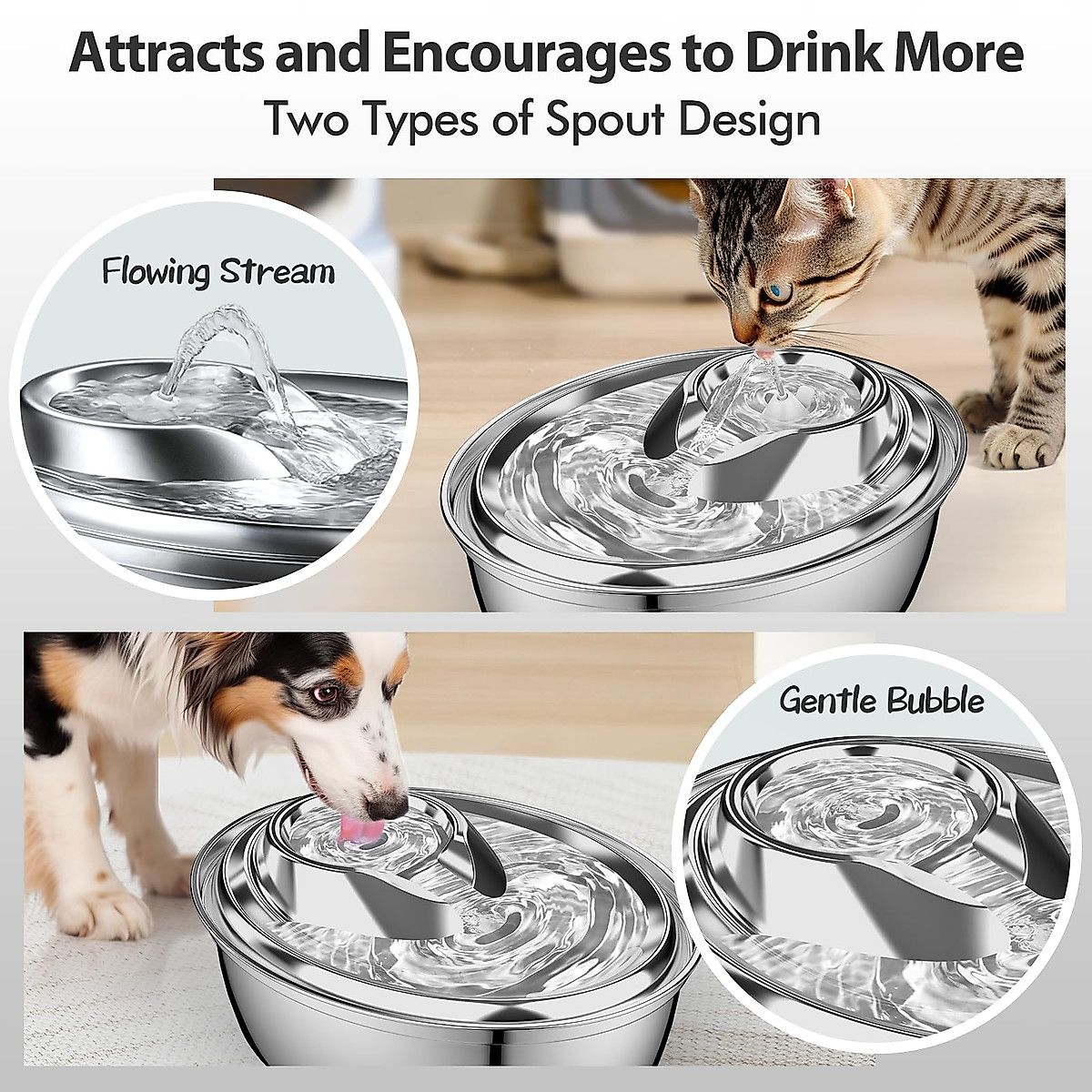 ORSDA Cat Water Fountain Stainless Steel, 2L/67oz Pet Fountain for Cats Inside, Automatic Dog Drinking Dispenser Cat Feeding & Watering Supplies with 2 Filter