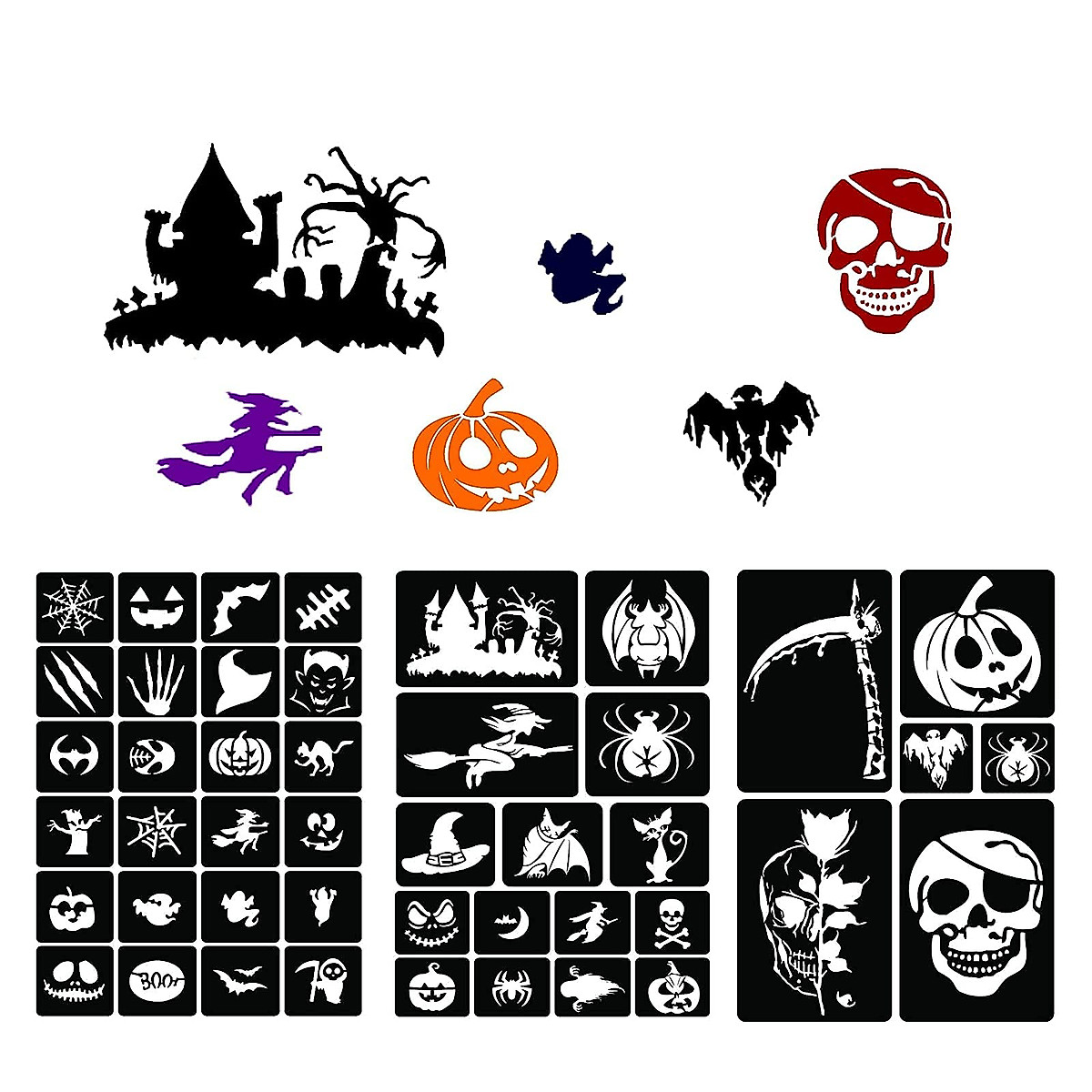 90Pcs Halloween Glitter Tattoo Stencils, Airbrush Tattoo Templates Kit Halloween Pumpkin Temporary Tattoo Stickers for Kids Drawing Template Party Props (6 Sheets)