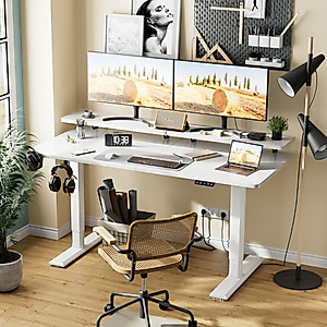 Kemon Electric Standing Desk with Monitor Stand, 55 x 24 Inch Height Adjustable Sit Stand up Desk, Home Office Computer Workstation with Cup Holder and Hook, Stand Table for Work, Carbon Black
