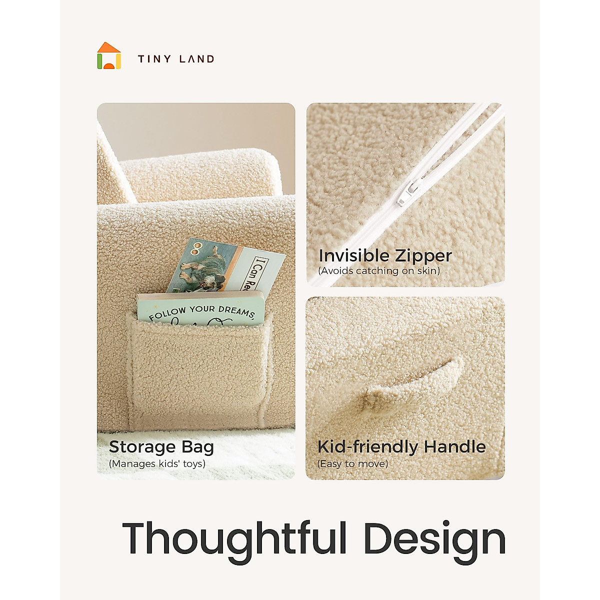 Tiny Land Kids Couch 2-in-1 Foldable Sofa Bed – 3D Teddy Curly with Pockets, Tactile Sensory-Enhancing Lounger for Toddlers, Ideal for Playroom – Afternoon Couch and Chair for Boys and Girls,Cream