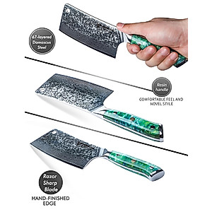 SANMUZUO Chopping Knife - 7 inch Cleaver Knife- Xuan Series - VG10 Damascus Steel Kitchen Knife - Resin Handle (Jade Green)