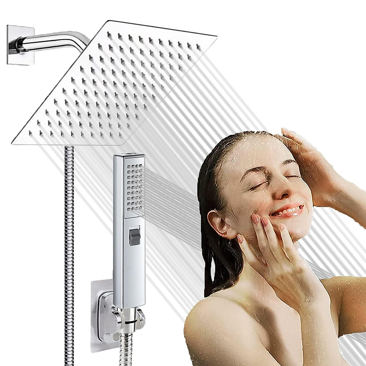 High Pressure Square Rain Shower Head with Handheld Spray Combo, Equipped with 78" Stainless Steel Hose, 3 Way Diverter Valve, Adhesive Shower Head Holder, Dual Shower Head Set, Chrome,AWAXFOLO