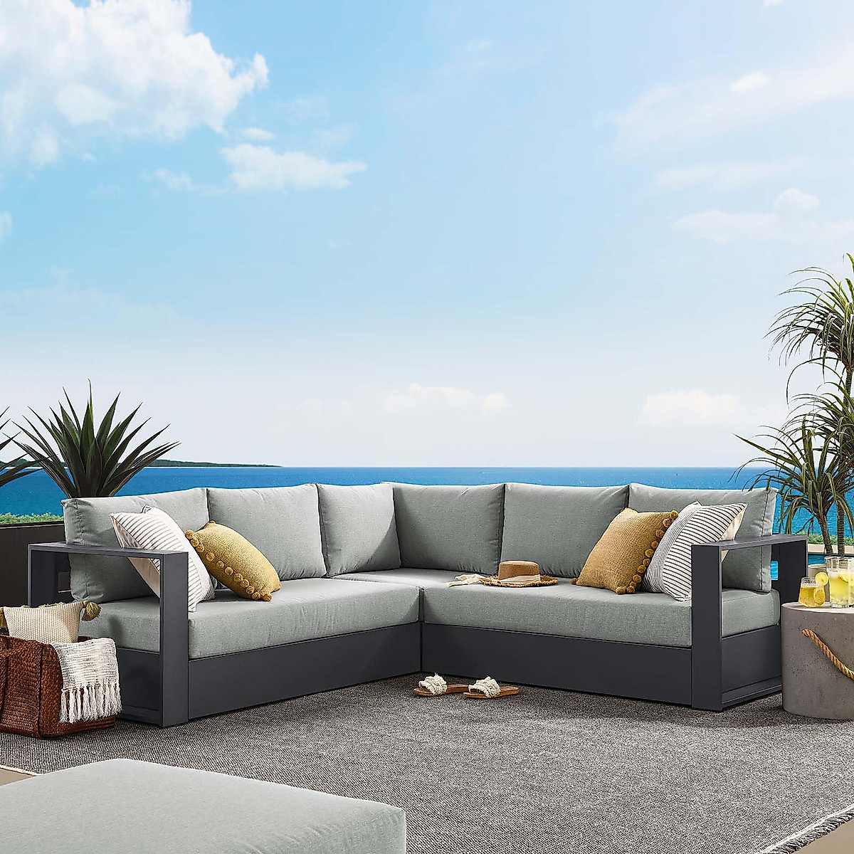 Modway Tahoe Aluminum Outdoor Patio Furniture Gray, Modular Weather-Resistant Cushions, Ideal for Deck, Backyard Poolside, 3-Piece Sectional Sofa Set
