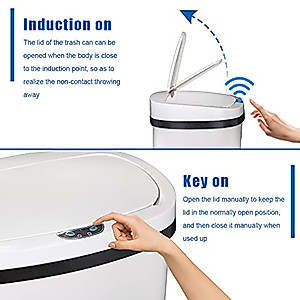 Hkeli 13 Gallon50 Liter Garbage Can Automatic Trash Kitchen Touch Free High Capacity with Lid Brushed Stainless Steel Waste Bin for Bathroom Bedroom Home Office (White), 17.3 x 13 x 23.6 inches