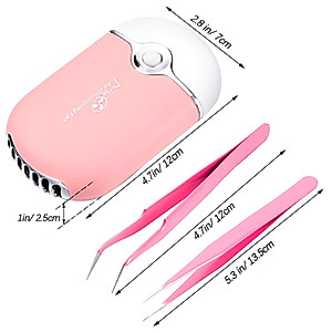 USB Air Conditioning Blower Handheld Eyelash Fan Dryer Rechargeable Eyelashes Dryer Fan Mini Portable Fans with 2 Pieces Straight and Curved Tweezers for Eyelash Extensions Girls Women (Pink)