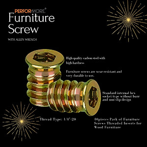 50 Pieces Threaded Wood Inserts, 1/4"-20 x 15mm Furniture Screws in Nut Threaded Inserts with Hex Socket, Zinc Plated - for Wooden Furnitures, Products, and Model, One Allen Wrench Included