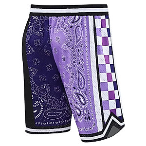 BOOMLEMON Men's Basketball Shorts Workout Athletic Paisley Shorts Mesh Print Running Short Pants(Patchwork Purple XS)