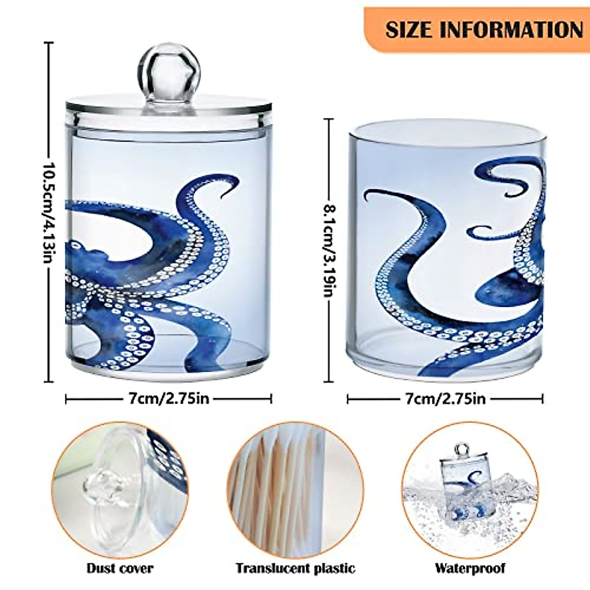 ALAZA Blue Marine Kraken Octopus Qtip Holder Organizer Dispenser for Cotton Ball, Cotton Swab, Cotton Round Pads, Floss,Bathroom Canisters Storage Organizer, Vanity Makeup Organizer,2Pack