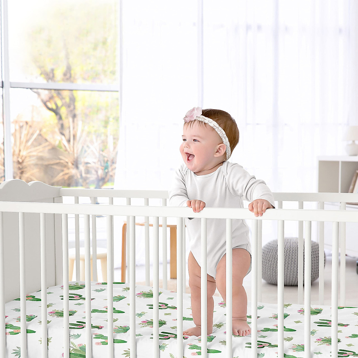 Sweet Jojo Designs Pink Green Cactus Floral Girl Baby Fitted Crib Sheet Set Nursery Soft Infant Newborn Fits Standard Mattress or Toddler Bed - 2pc - Boho Bohemian Watercolor Shabby Chic Desert