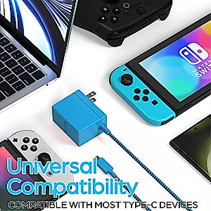 Neptune Premium Gaming Charger - Compatible with Nintendo Switch/Switch Lite/Switch OLED, Android, Supports Nintendo Switch Dock 15V2.6A Fast Charger 5FT Type C AC Adapter Cable for Switch… (Blue)