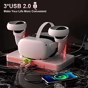 VR Charging Dock for Oculus Quest 2/Meta Quest 2, VR Accessories Charging Station with 2 Rechargeable Batteries Support Colorful Lights