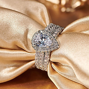 SweetJew Bridal Ring Sets For Women 3Ct 5A Cubic Zirconia Wedding Rings Teardrop Pear Cut Halo Size 8.5
